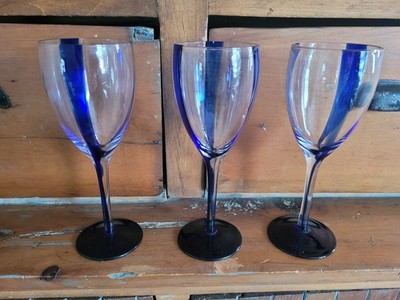Set of 3 Pier 1 Imports Vertical Blue Stripe Blown Wine Glasses Goblets ...