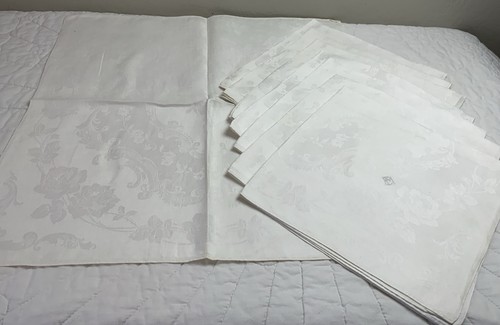 Eight Extra Large Antique Dinner Napkins, Damask Linen, White, Monogram ...