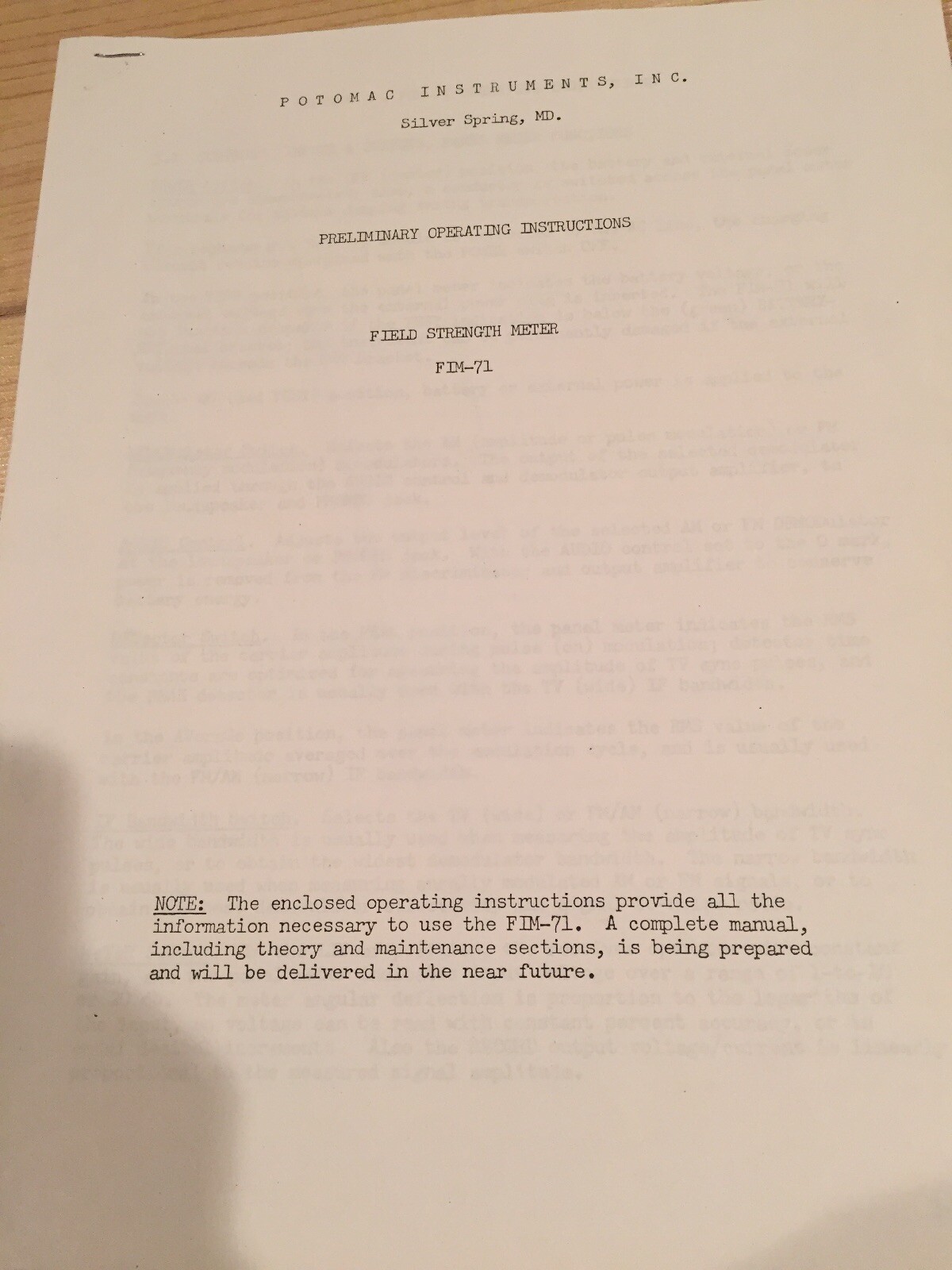 PI Potomac Instruments Equipment Manual (select one) FIM 71 Type 19 ...