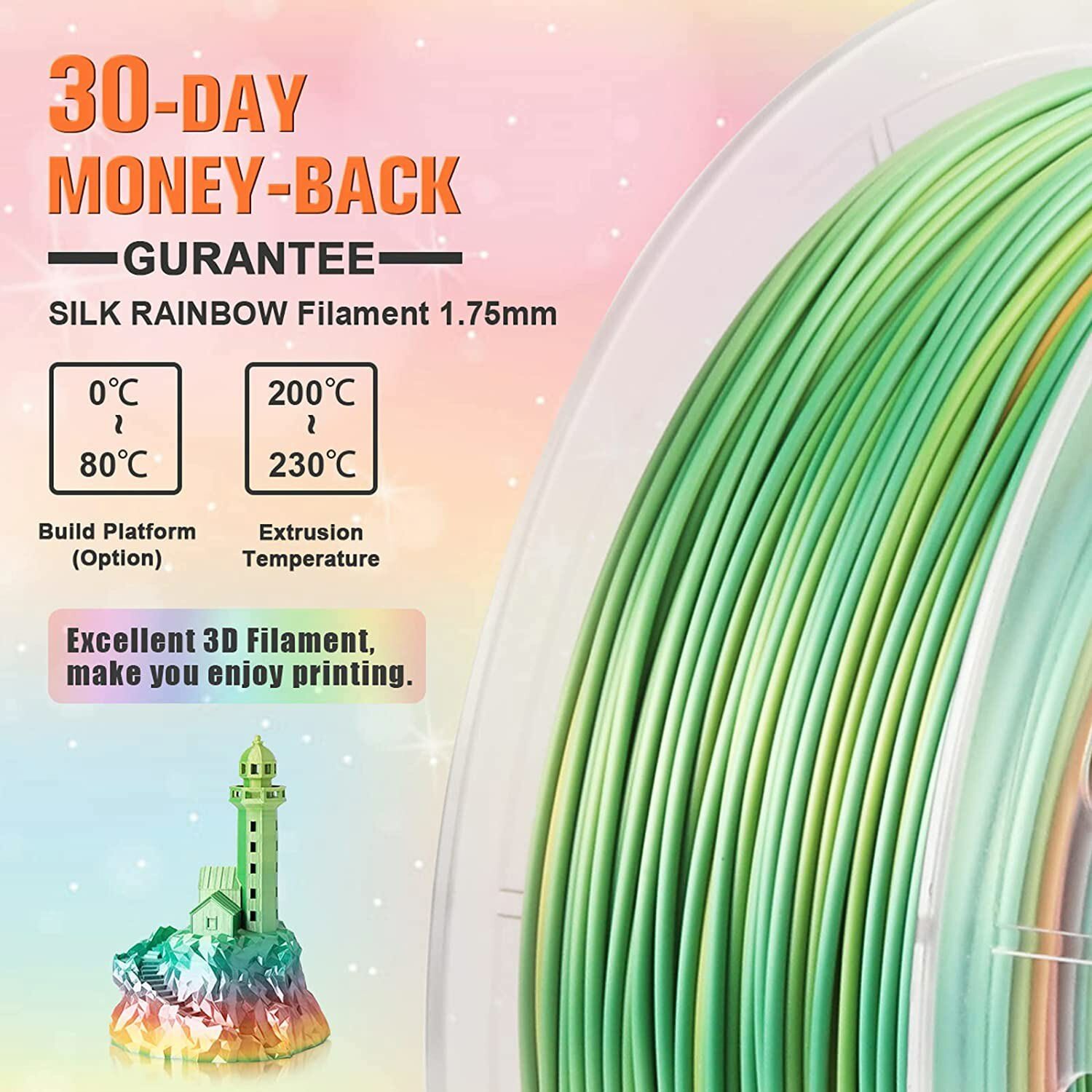 SUNLU PLA+ Silk Rainbow 3D Printing Filament 1KG/Spool 1.75mm +/-0.02 ...