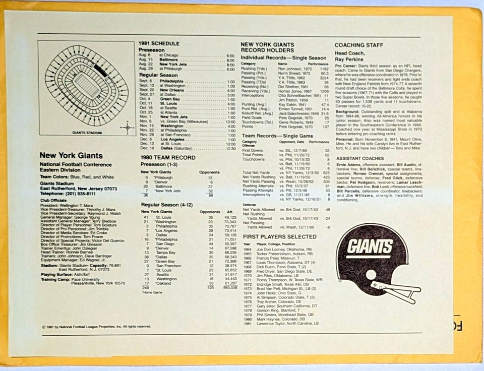 1981 NY New York Football Giants Fan Packet Team Photo | eBay