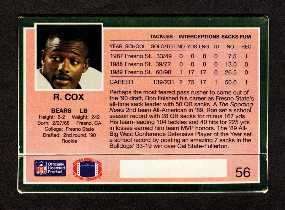 1990 ACTION PACKED RC #56 RON COX - CHICAGO BEARS - ROOKIE CARD - *04 ...