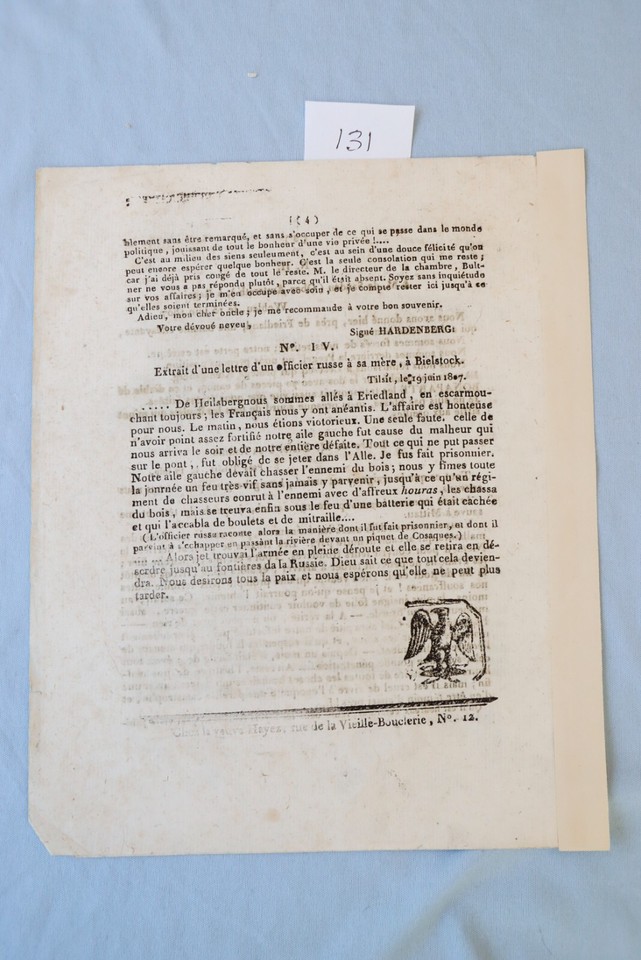 1807 France Army Bulletin Friedland Koenigsberg Napoleon Battle War ...