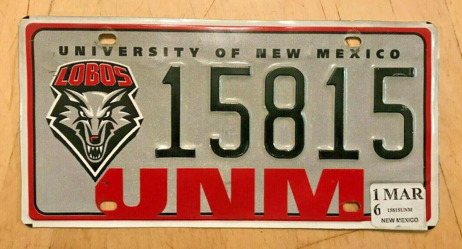 UNIVERSITY OF NEW MEXICO GO LOBOS COLLEGE LICENSE PLATE " 15815 " NM ...