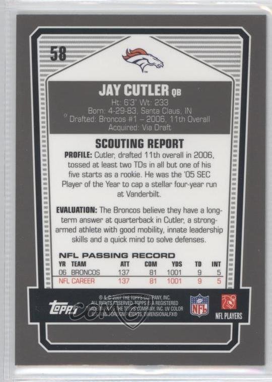 2007 Topps Draft Picks and Prospects (DPP) Chrome Black Jay Cutler #58 ...