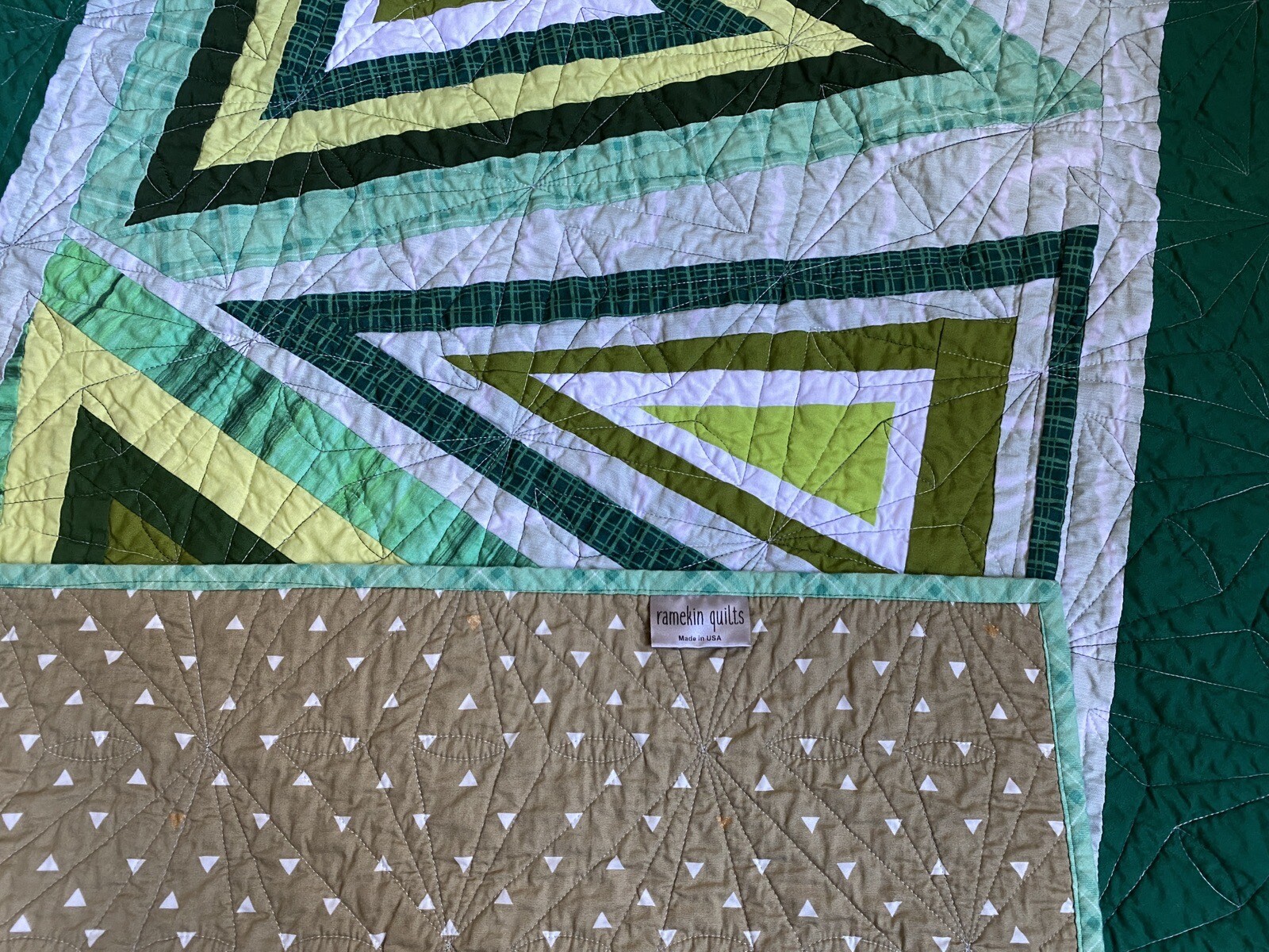 JADE GEOMETRY Modern Throw Quilt 56” x 56” Handmade. Cotton. Green triangles | eBay