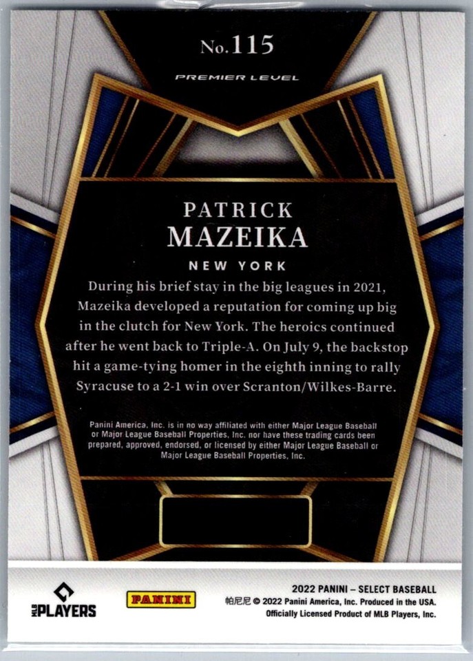 2022 Panini Select Premier Level RC Rookie Patrick Mazeika #115 New ...