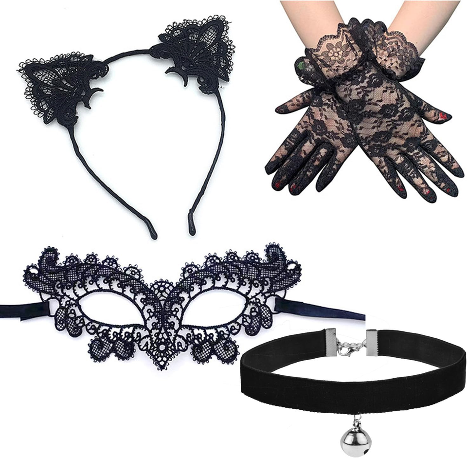 5Pcs Women Black Cat Costume Set Cat Ear Headband Bell Choker Lace ...
