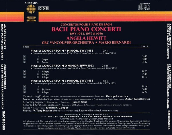 Angela Hewitt - Bach Piano Concerti BWV 1052, 1053 & 1056 (CBC CD) 1987 ...