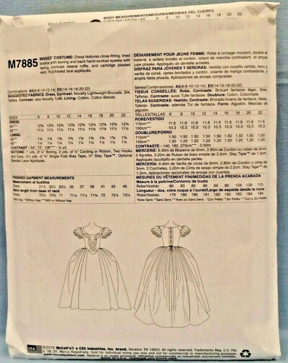 McCalls Pattern M7885 Outlander Dress Costume Misses Sizes 6 8 10 12 14 ...