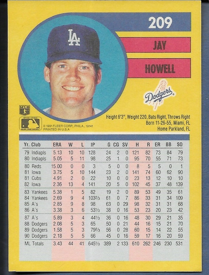 1991 Fleer Baseball #209 Jay Howell Error "Missing 82 Yankees Stat " | eBay