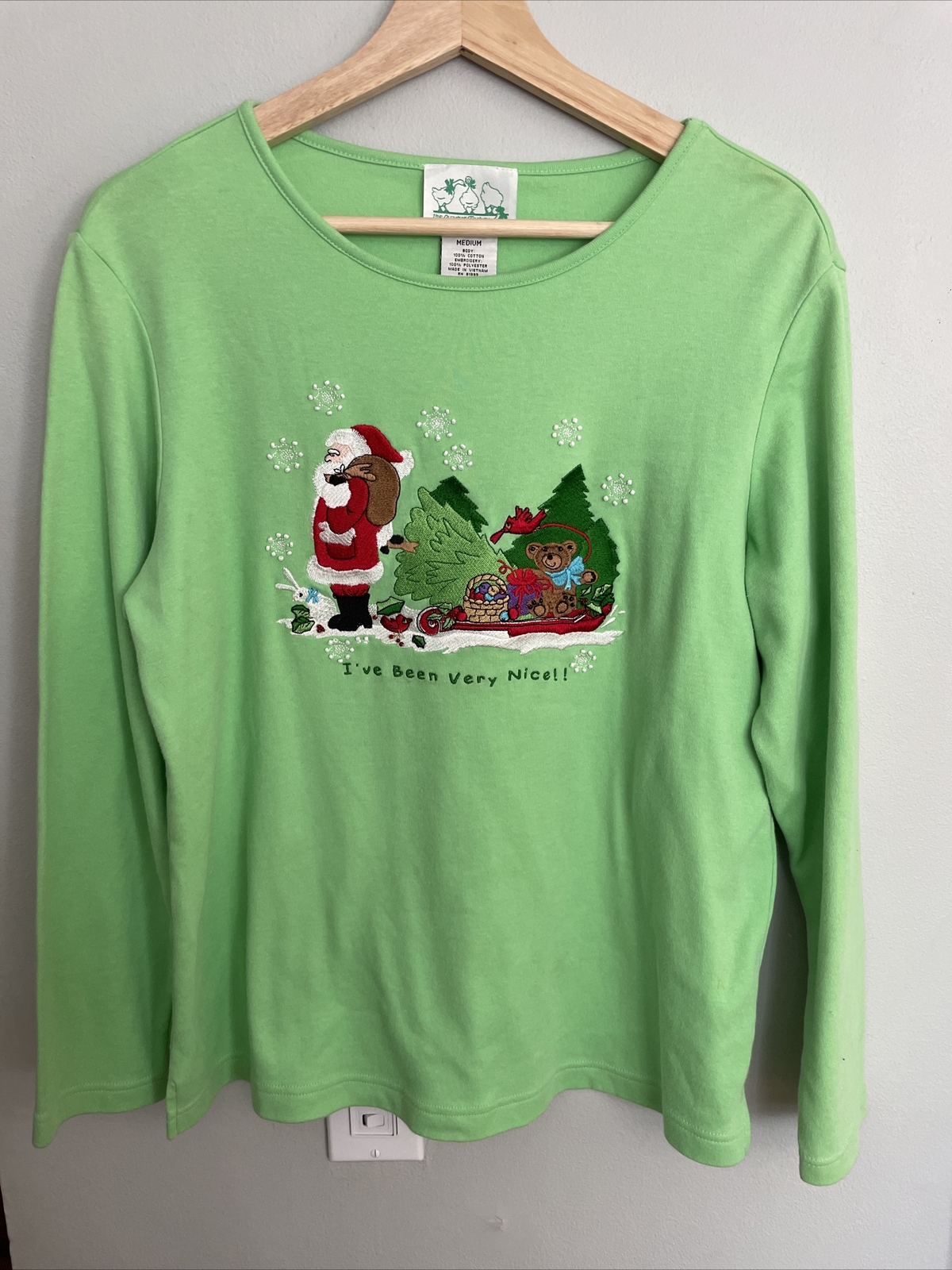 QUACKER FACTORY Lime Green Cotton Tee Shirt Embroidery Christmas Santa ...