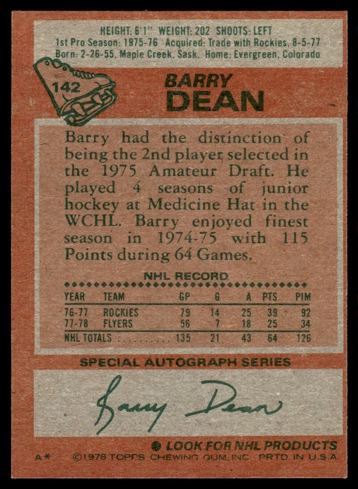 1978-79 Topps Barry Dean Philadelphia Flyers #142 | eBay
