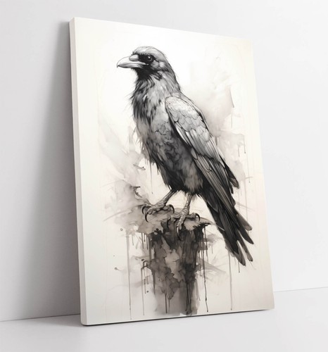 CHARCOAL SKETCH DRAWING OF RAVEN, CROW CORVID -DEEP FRAMED CANVAS WALL ...