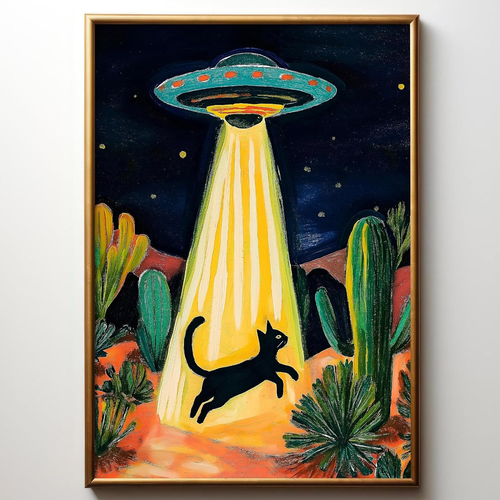 Retro Ufo Canvas Wall Art Desert Cactus Picture Ufo Poster Funny Black ...
