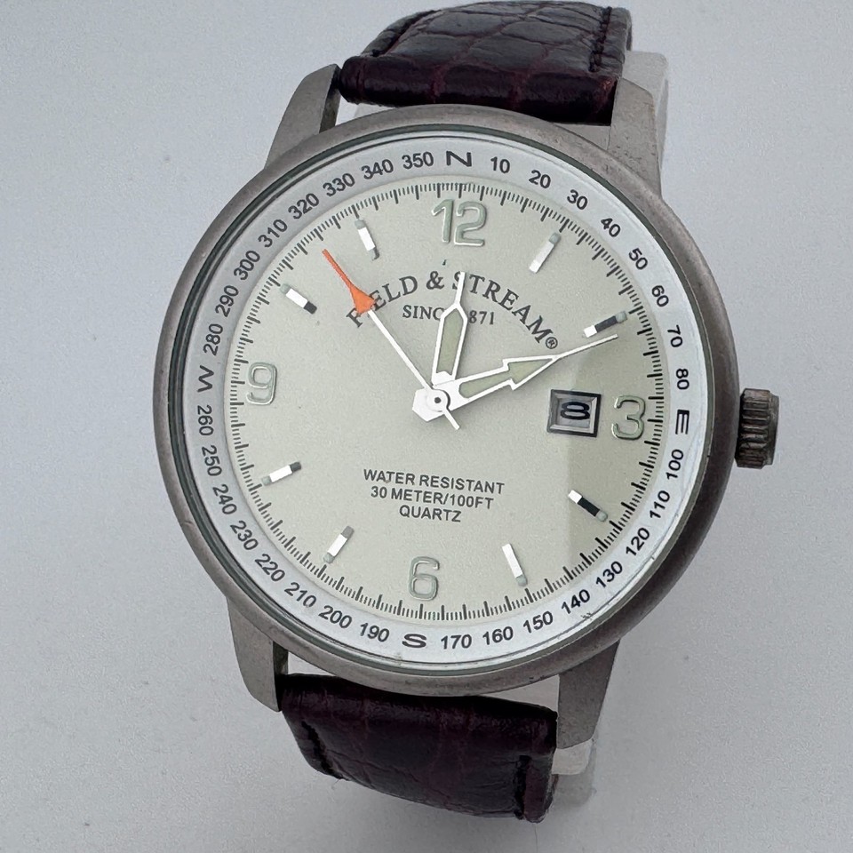 VTG Field & Stream Quartz Watch Men 30m Silver Date Leather Analog New ...