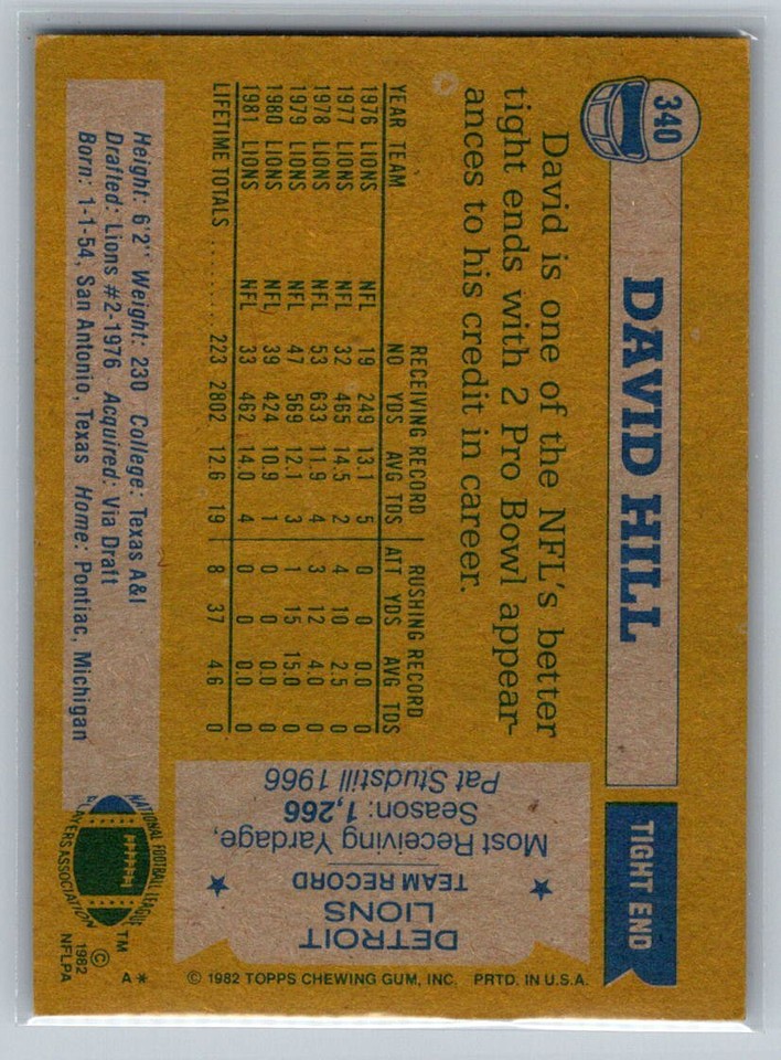 1982 NFL Topps #340 David Hill NR/MT | eBay
