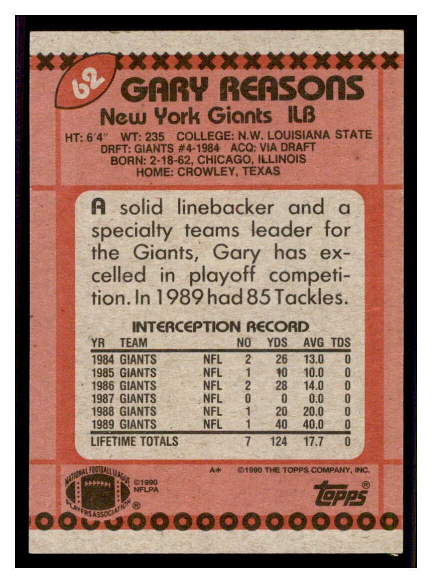1990 TOPPS NFL Football Trading Card #62 🏈 GARY REASONS, New York ...