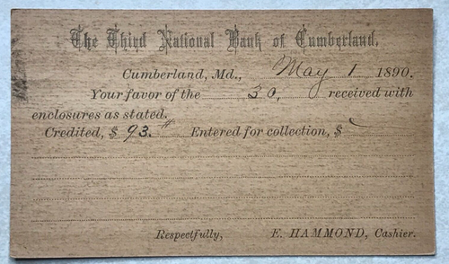 D1676 Postcard Postal Card The Third National Bank Cumberland MD 1890 ...