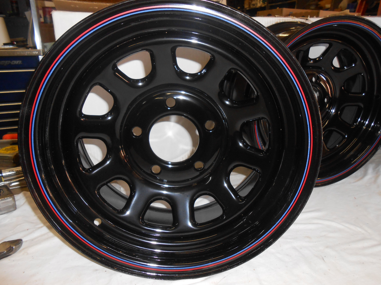 15 X 7" NOS UNIQUE BLACK "D" WINDOW WHEELS RIMS . SET OF FOUR 42-5750 ...
