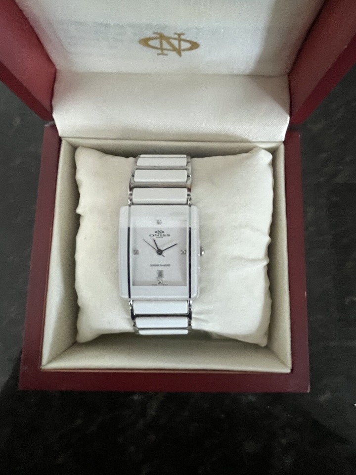 Womens ONISS Paris White Ceramic Watch ON608-L Sapphire Crystal Diamond ...