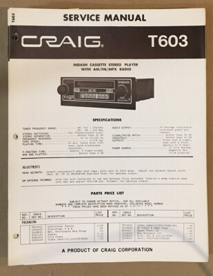 Craig Model T603 Car Stereo / Cassette Service Manual *Original* | eBay