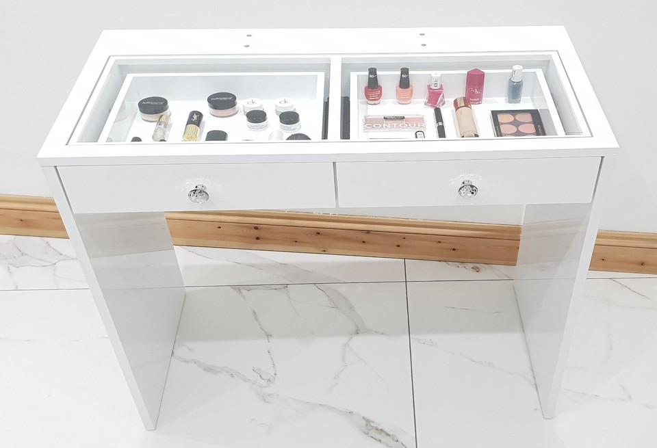 Dressing Table Vanity Station Clear Tempered Glass Top High-Gloss Pro ...