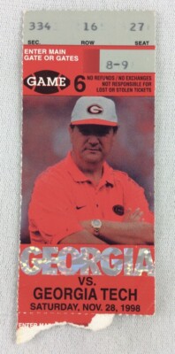 CFB 1998 11/28 Georgia Tech at Georgia Football Ticket-Joe Hamilton ...