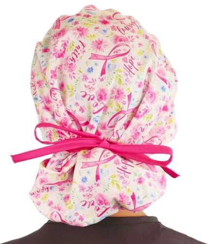 Roomy Banded Bouffant Pink Ribbon Faith Scrub Cap Hat Breast Cancer ...
