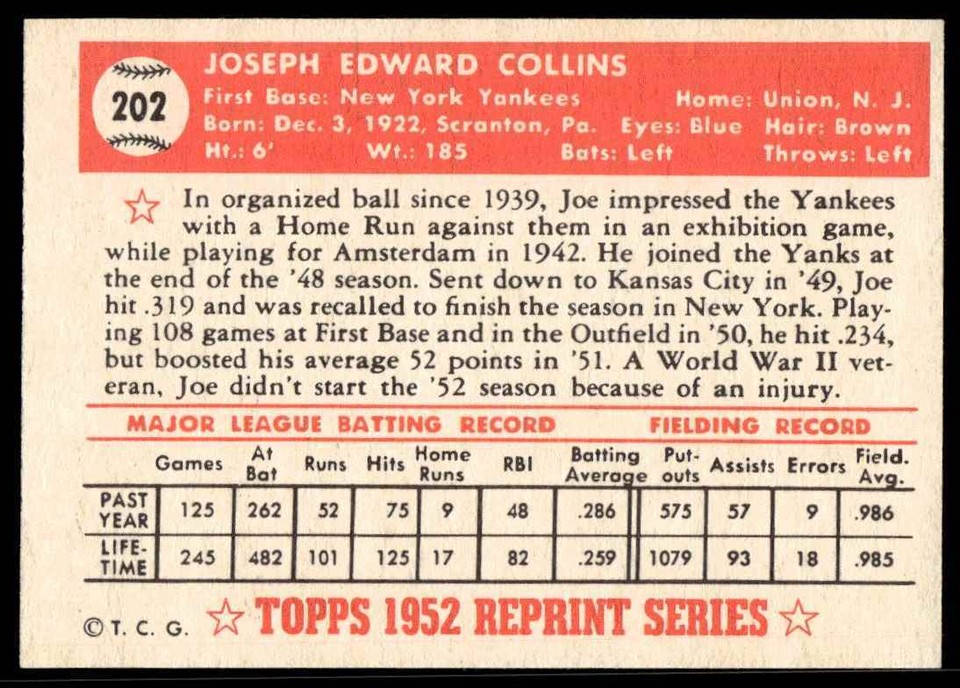 1983 Topps 1952 Reprint Series Joe Collins New York Yankees #202 | eBay