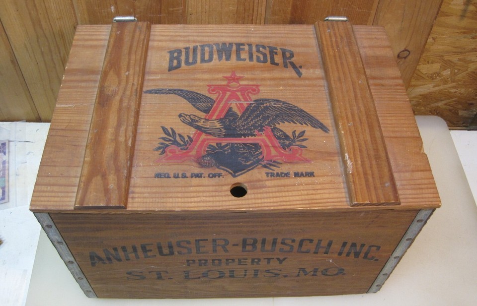 Vintage Budweiser Anheuser-Busch Wooden Crate Box w/ Metal Hinges B7974 ...