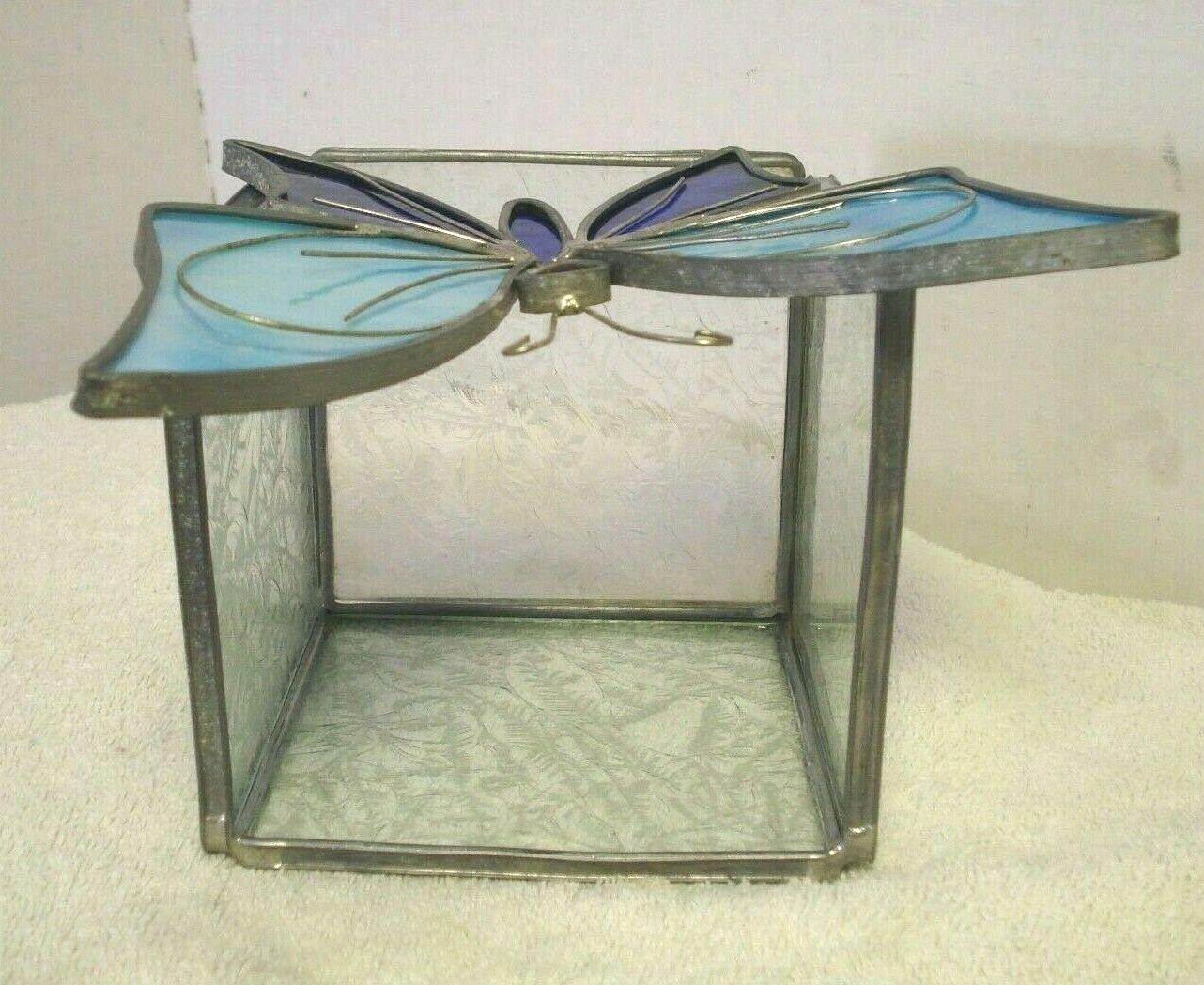 iridescent STAIN GLASS butterfly blue chip glass candle box silver tone ...