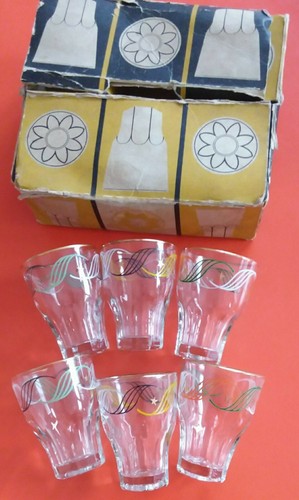 6 Vintage 50s Retro Atomic Shot Glasses Original Box Claymer Golden ...