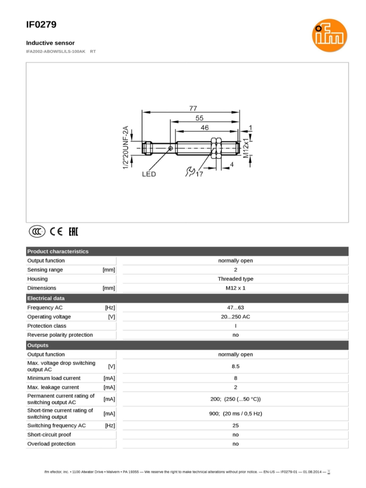 IFM Efector IF0279 Inductive Proximity Sensor M12 N.O. 2 Wire 20-250 ...
