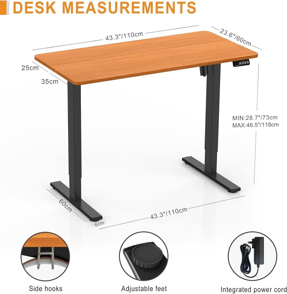 110x60cm Standing Desk Height Adjustable with Hooks Suitable for Home ...