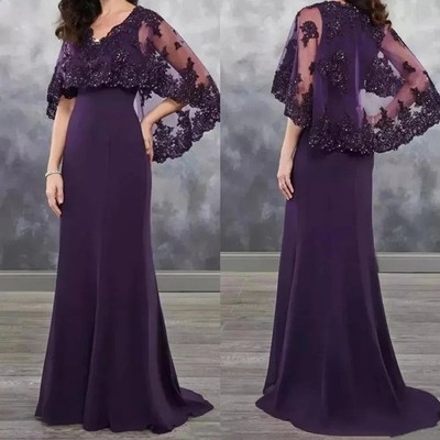 V-neck Long Elegant Mother Of The Bride Dress Cape Sleeves Lace ...