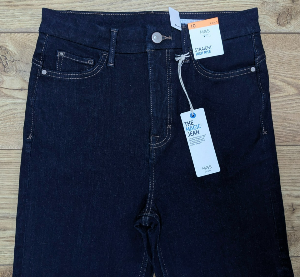 M&S Dark INDIGO Stretch Denim Straight Leg High Rise MAGIC JEANS UK 12 ...