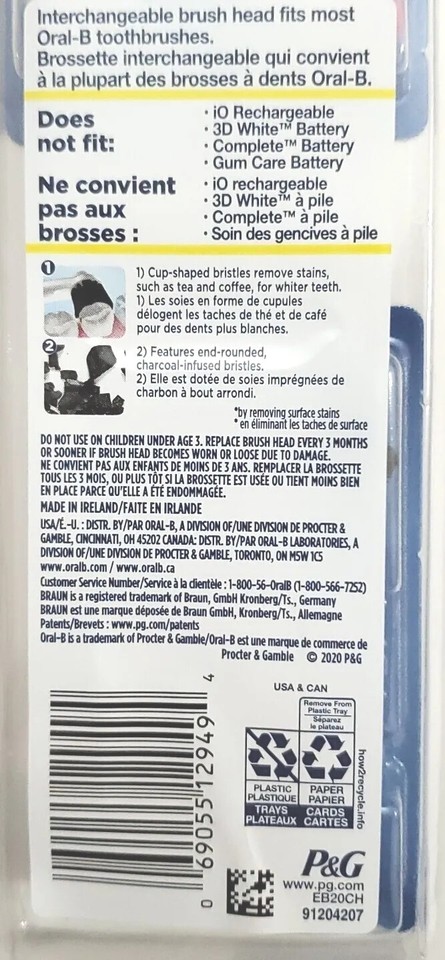 Oral-B Charcoal Infused Replacement Tooth Brush 3 Heads Teeth Whitening ...