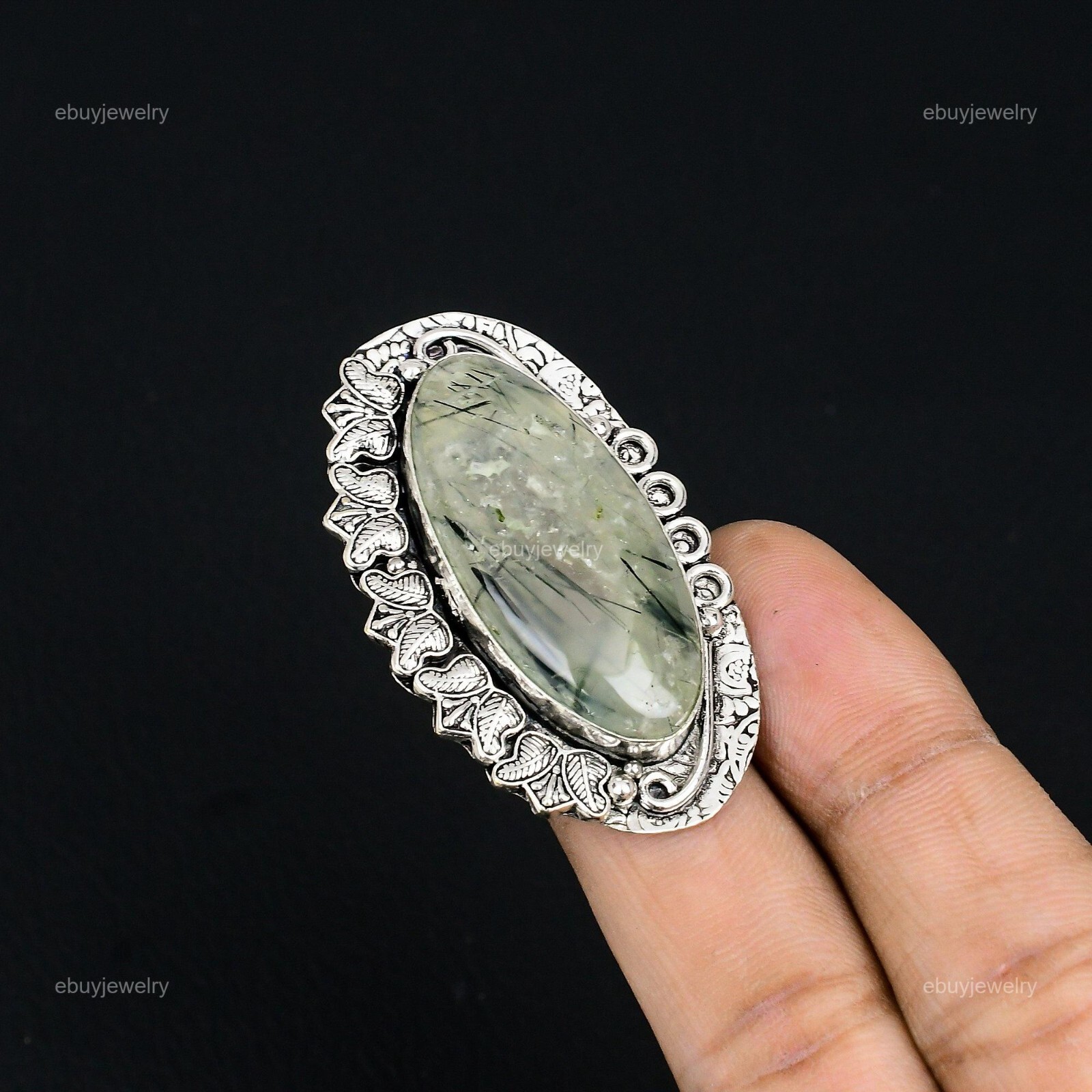 Natural Moss Prehnite Gemstone Statement Ring Size 7.5 925 Silver For ...