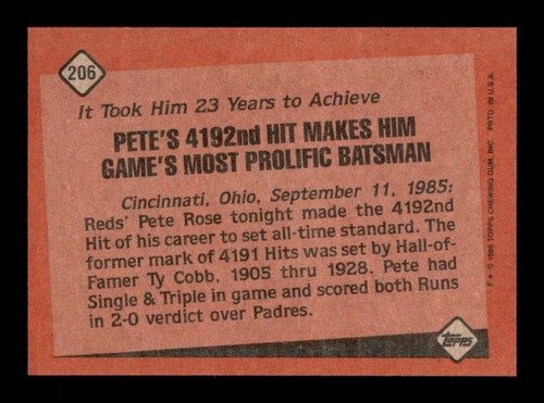 1986 Topps #206 Pete Rose RB NM X3032525 | eBay