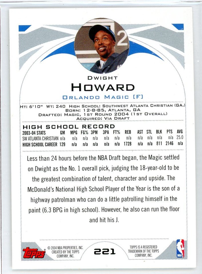2004-05 Topps Dwight Howard Rookie Card #221 HD Scans SWEET Condition ...