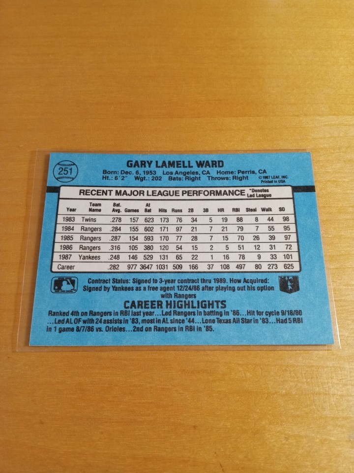 1988 DONRUSS #251 GARY WARD New York Yankees Baseball Card, Outfield ...