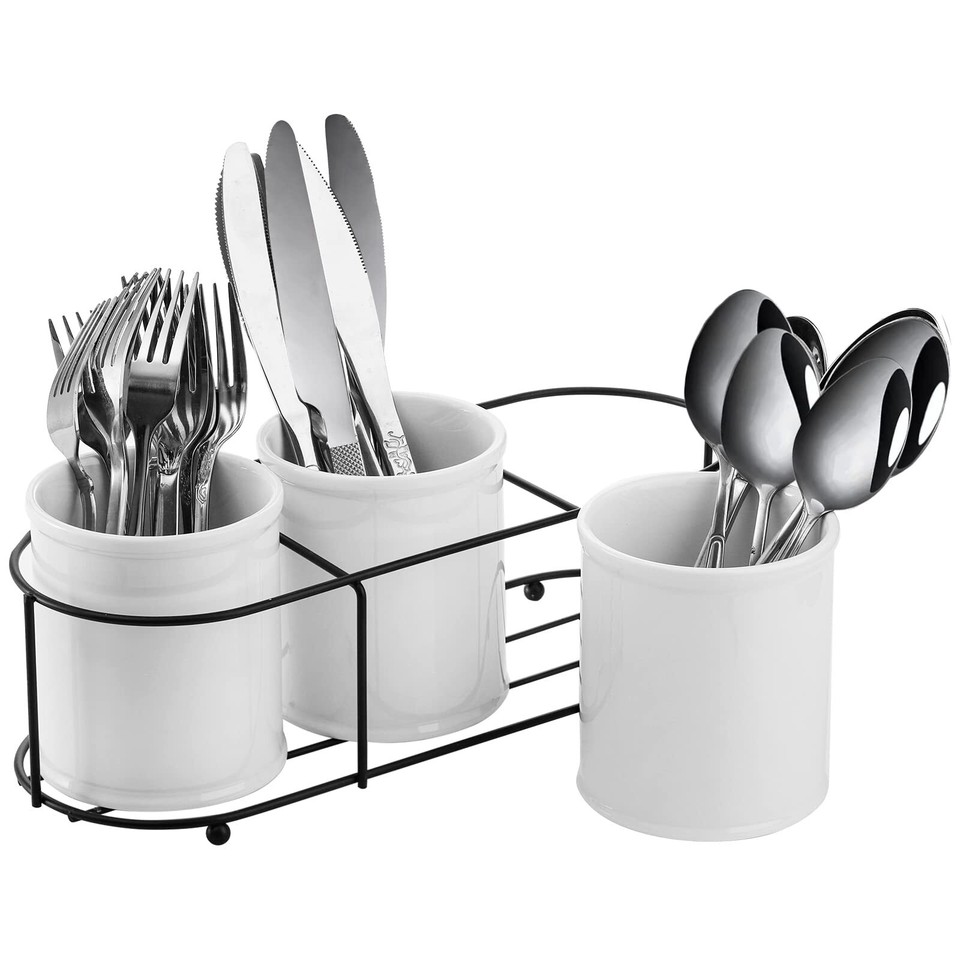 3piece Ceramic Silverware Caddy With Metal Rack Utensil Holder Flatware ...
