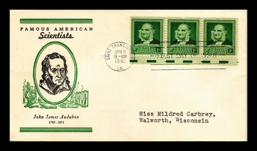 US COVER JOHN JAMES AUDUBON FAMOUS AMERICANS FDC SCOTT 874 STRIP OF 3 ...
