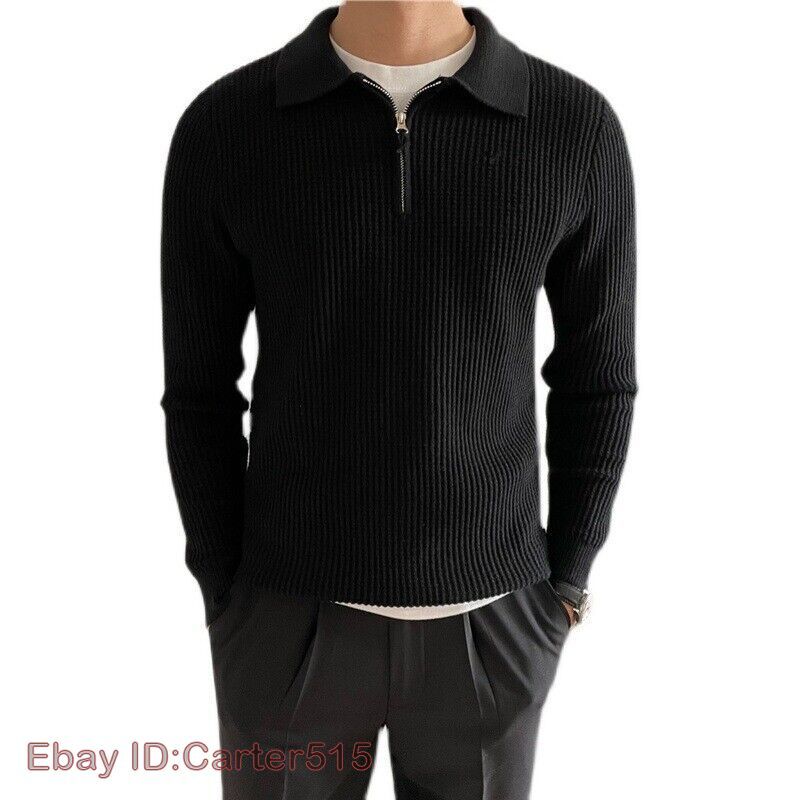 Men's Long-sleeved Half-zipper Lapel Sweater Pullover Slim-fit Wool ...