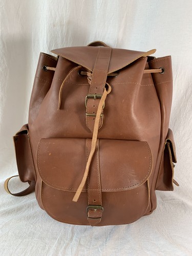 Large Vintage Genuine Brown Leather Drawstring Backpack Rucksack Rugged ...