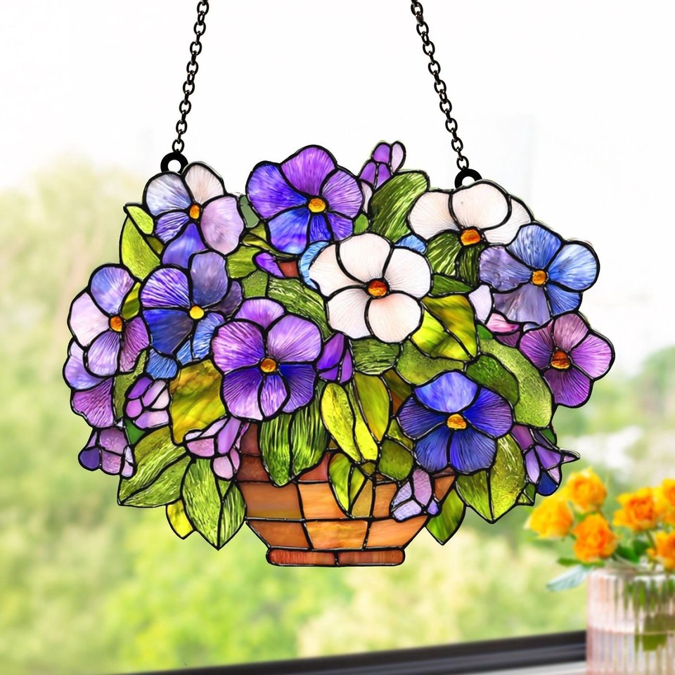 Beautiful Hanging Stained Glass Panel Purple Pansy Flowers for Window ...