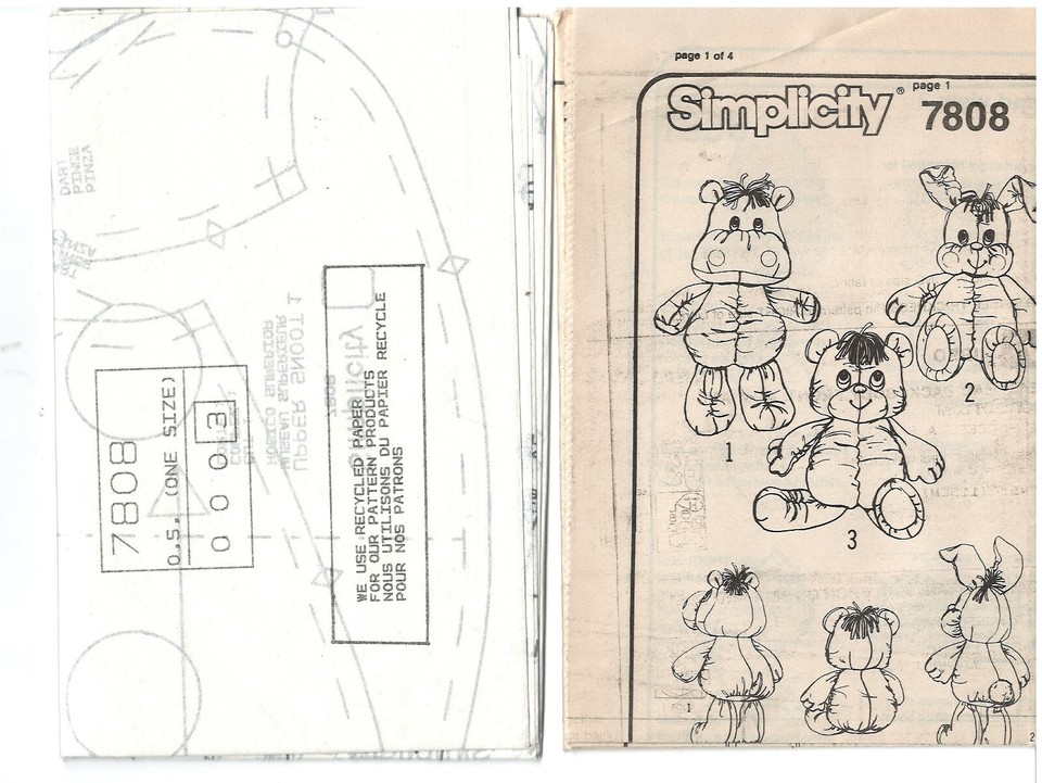 1992 Simplicity Crafts 7808 Cuddly Bear Bunny Hippo 17" sewing pattern ...