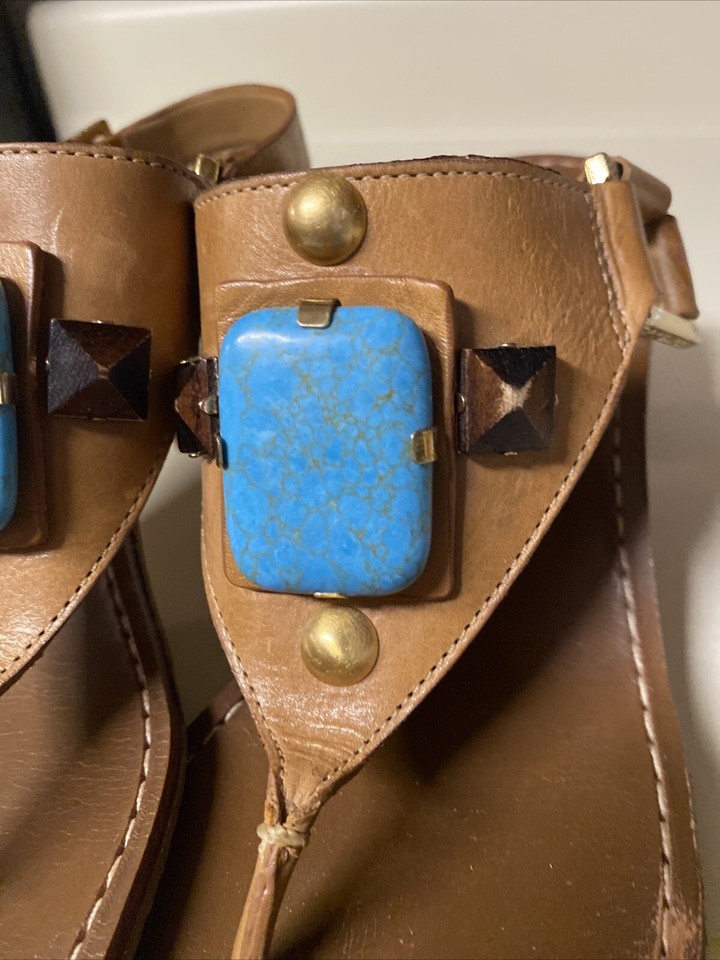 Tory Burch Tan Turquoise Square Jeweled Leather Thong Heels Sz 7.5 ...