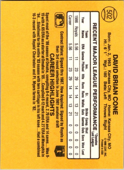 1987 Donruss David Cone Rookie 502 Kansas City Royals | eBay
